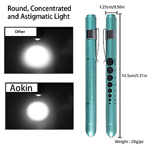Aokin Medical Pen Light for Nurse Doctor, Reusable LED Medical Penlight Flashlight with Pupil Gauge and Ruler, White Light, Teal