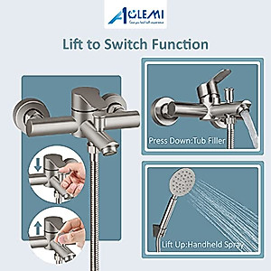 Aolemi Brushed Nickel Bathtub Faucet Wall Mount Only Tub Filler with Handheld Sprayer 6 Inch Centre Single Handle Shower Mixer Taps SUS304 Stainless Steel for Bathroom