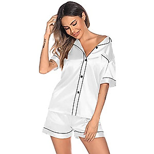 SWOMOG Women's Silk Satin Pajamas Set Soft Top and Shorts Button Down Pj Set 2 Piece Sleepwear White