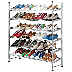 YIZAIJIA Shoe Rack Storage Organizer 6 Tier Expandable Metal Adjustable Shoe Shelf Free Standing Shoe Rack for Entryway Closet Doorway,Silver