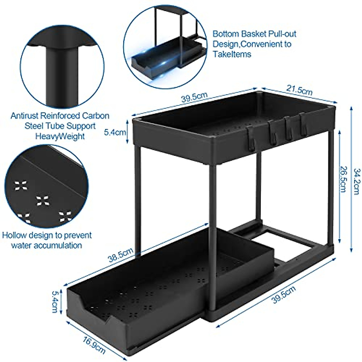 Sifxouped Under Sink Organizers and Storage, Two Tier Pull Out Cabinet Organizer with Hooks, 2 Pcs Under Sink Cabinet Basket with Sliding Drawers, Kitchen Bathroom, Black