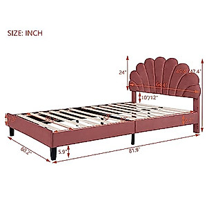 Queen Size Upholstered Platform Bed with Flower Pattern Velvet Headboard, Solid Wood Upholstered Platform Bed Frame with Wood Slats Support for Kids, Teens, Adults (Red Bean Paste-A1)