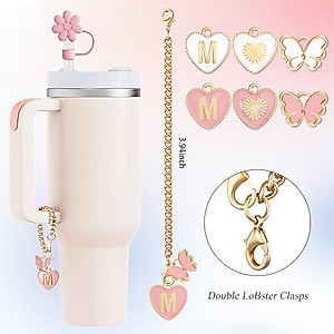 ANLABESY Compatible with Stanley Cup Accessories, 3PCS Hot Pink Straw Toppers for Stanley Cup Straw Cover Cap, 2PCS Cute Letter Charms for Stanley 30&40 Oz Tumbler with Handle(A)