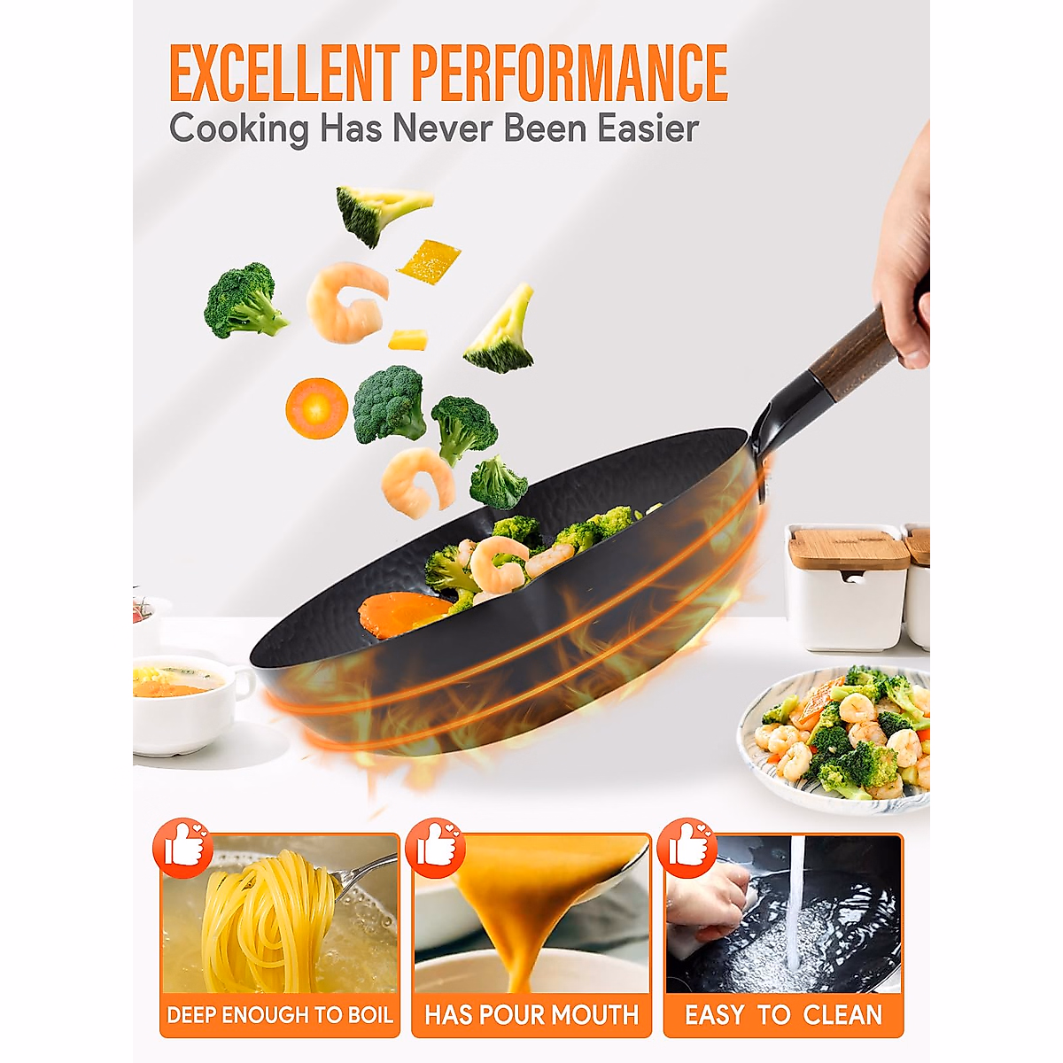 BrBrGo Carbon Steel Wok Pan, 5 Piece Authentic Chinese Wok & Stir-Fry Pans Set with Wooden Lid, No Chemical Coated Flat Bottom Chinese Woks Pan for All Stoves-13“