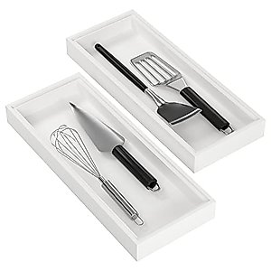 Lixple Kitchen Drawer Organizer - 2 Pack, Stackable Bamboo Drawer Organizers, Wooden Storage Box Tray for Cabinet, Pantry, Bathroom Countertop, Multi-use Organization and Storage (White)