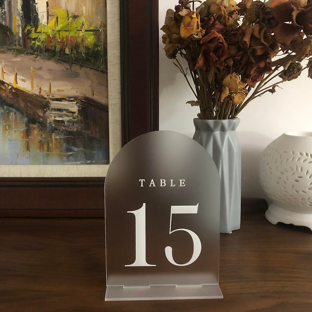 1-15 Wedding Table Numbers, Frosted Arch Wedding Table Numbers with Stands, 5x7Inch Acrylic Signs and Holders, Perfect for Wedding Table Centerpiece Decoration, Reception, Party, Anniversary, Event