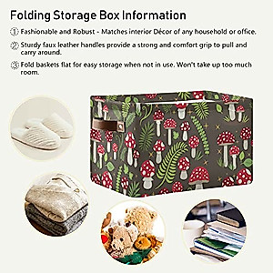 Kigai Mushroom Storage Basket Collapsible Rectangle Storage Bin Shelves Basket Organizer with Leather Handle for Closet, Office, Nursery, Home Decor