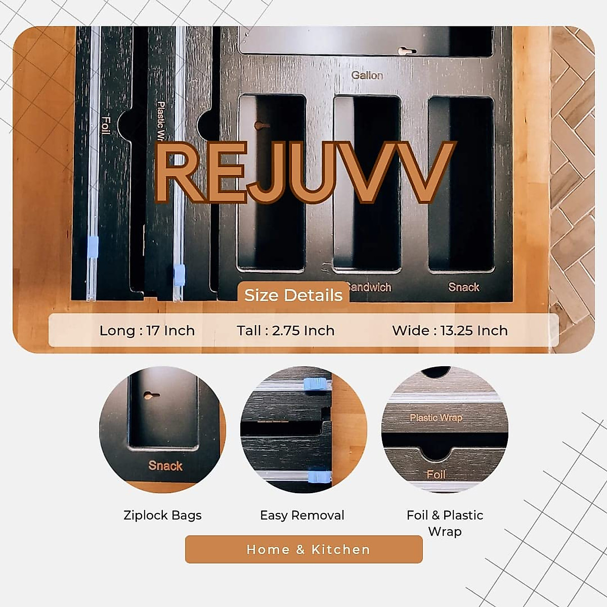 Rejuvv Bamboo 6 IN 1 Foil And Wrap Dispenser With Food Storage Bag Organizer for Kitchen Drawer, Foil And Baggie Organizer, Compatible With Wrap, Foil, Gallon, Quart, Snack Bags (Black)