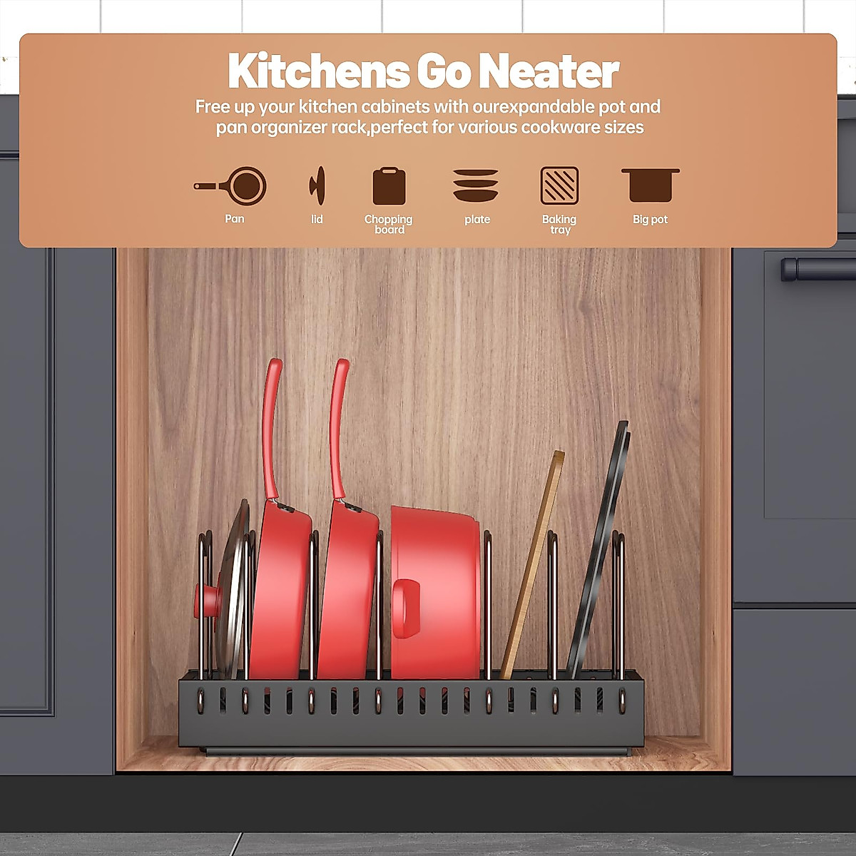 CENLEN Pull Out Pots and Pans Organizer Under Cabinet, Slide Out Pot Lid Organizers Inside Cabinet, Pull Out Lid Holder for Pots and Pans, Sliding Kitchen Cabinet Organizer (Black)