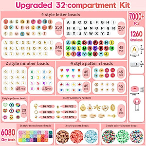 7340 Friendship Bracelet Kit,32 Colors Clay Beads Bracelet Making Kit,1260 pcs 10 styles of Letter, Number & Pattern Beads,Polymer Heishi Beads with Charm for Jewelry Making,Christmas Crafts Gifts