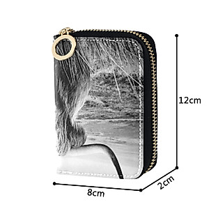 Black White Retro Scottish Highland Cow in Field Grey Credit Card Coin wallet, RFID Blocking Compact Women Leather Card Holder, Key Change Organizer, Zipper Purse Clutch Pouch