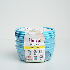 Unica Round Food Container, BPA-free Microwave Bowls with Lids, Airtight Container Serving, Stackable Mixing Bowl Set, Freezer & Dishwasher Safe, Set of 3, Blue, 16 oz, 6.12x6.12x2.54 in