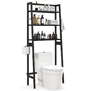 HAPPYGRILL Over The Toilet Storage, 3-Tier Over The Toilet Rack, Bathroom Space Saver w/ 2 Hanging Hooks, Adjustable Bottom Bar & Toilet Paper Holder, Metal Over Toilet Bathroom Organizer (Black)
