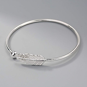 AILUOR 925 Silver Leaf Feather Bangle Bracelet Bohemian style Fashion Charms Bracelets Jewelry Cuff Women Adjustable (Silver)
