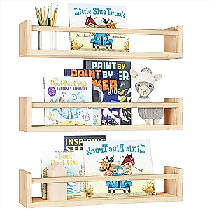 Fixwal Nursery Book Wall Shelves, 16.5 Inch Floating Bookshelves for Wall Set of 3, Baby Nursery Decor, Solid Wood Wall Mounted Shelves for Books, Toys and Decor Storage (Natural Wood)