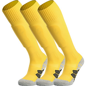 APTESOL Youth Soccer Socks Knee High Team Sport Cushion Sock Women Men Long Tube Cotton Athletic Compression Socks (3-Pair Yellow,X-Small)