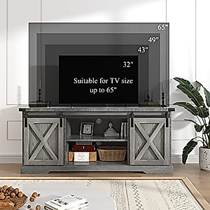 St.Mandyu Farmhouse TV Stand for TVs up to 65 inch, Wood Entertainment Center with Sliding Barn Doors, Media Console Storage Cabinets with Adjustable Shelves for Living Room Bedroom Office, Grey
