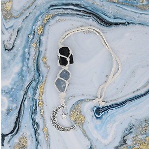 BOHO GARDEN Hanging Car Charm - Black Tourmaline & Blue Calcite - Dangling Moon & Healing Crystal Accessories, Rearview Mirror Decorations - Confidence, Calmness, Creativity, Protection, Communication