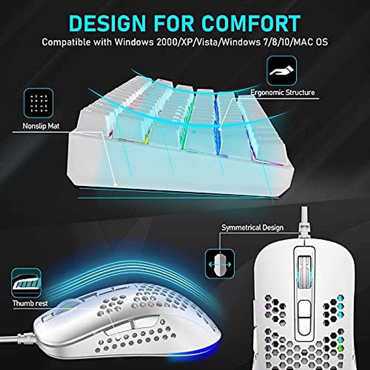 Mechanical Gaming Keyboard and Mouse Combo with 20 Rainbow Backlight 84 Key Anti-ghosting Ergonomic Waterproof Type-C Wired 2400 DPI Honeycomb Mice for PC Mac Gamer Computer Typist(White/Blue Switch)