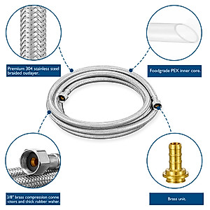 Dishwasher Installation Kit - 10 FT Stainless Steel Braided Dishwasher Hose kit,Food Grade PEX Inner Tube Dishwasher Water Line with 3/8"x3/8"x3/8" Add A Tee,3/8"x3/8"MIP Elbow,3/8"x3/4"FHT Elbow