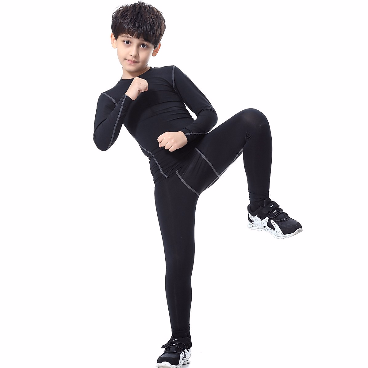 CVVTEE Boys Athletic Base Layer Compression Underwear Set 2pcs Thermal Long John for Kids (Black, 7(Height:47.24"-51.18"))