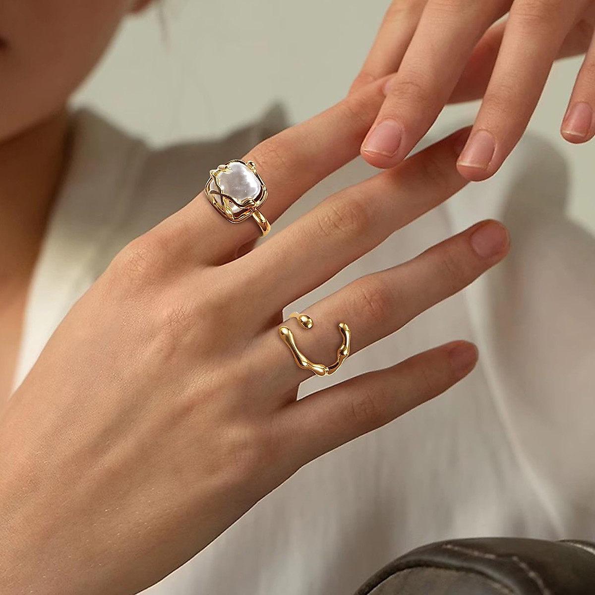 FIBO STEEL 12PCS Gold Rings for Women: 18K Gold Plated Chunky Stacking Rings Set