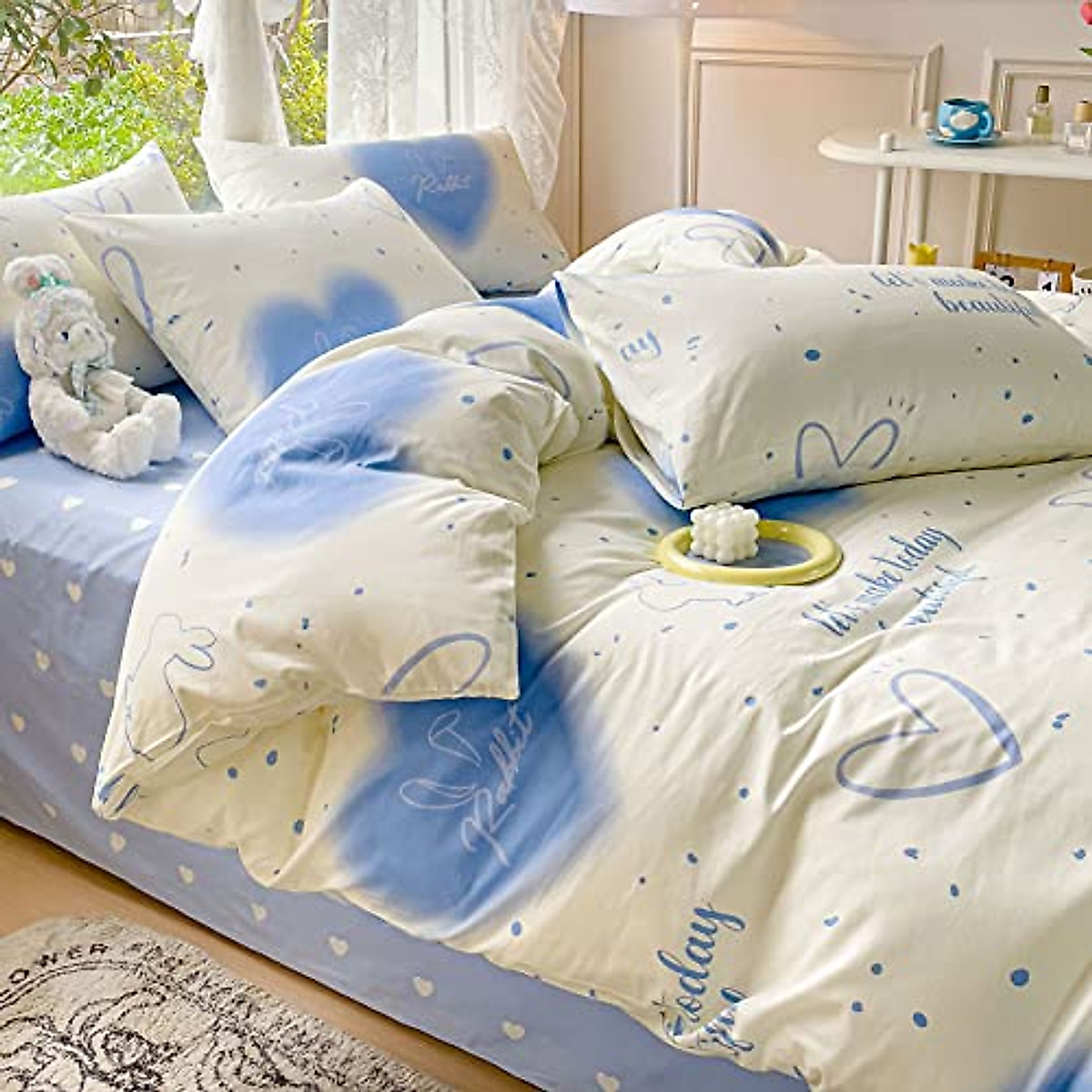 BlueBlue Rabbit Kids Duvet Cover Set Twin, 100% Cotton Bedding for Boys Girls Teens Single Bed, Cartoon Bunny Blue Heart on White, 1 Cute Kawaii Comforter Cover 2 Pillowcase (Twin, Rabbit Blue)