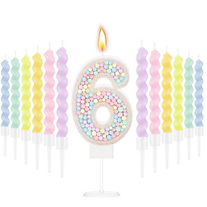 MTLEE Number 6 Birthday Candle Macaron Pastel Rainbow Unicorn Glitter 3D Number Candle with 12 Pcs Spiral Candles in Holders for Girl Boy Cake Topper Wedding Anniversary Sweet Theme Party Decoration