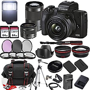 Canon EOS M50 Mark II Mirrorless Camera w/EF-M 15-45mm f/3.5-6.3 is STM Lens + EF-M 55-200mm f/4.5-6.3 is STM Lens + 2X 64GB Memory + Hood + Case + Filters + Tripod + More (35pc Bundle)