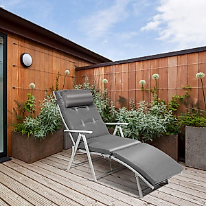 hysache Folding Lounge Chair, Patio Chaise Lounge w/Portable Design and 7 Adjustable Positions, Outdoor Lawn Chair w/Removable Cushion and Pillow for Yard, Poolside (Gray)