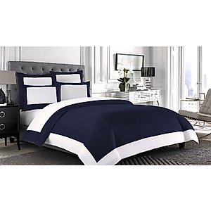 Bedding Empire 3 Piece Designer Border Reversible Duvet Cover Set Zipper Closure 100% Egyptian Cotton 500 Thread Count King Size,Navy/White Color