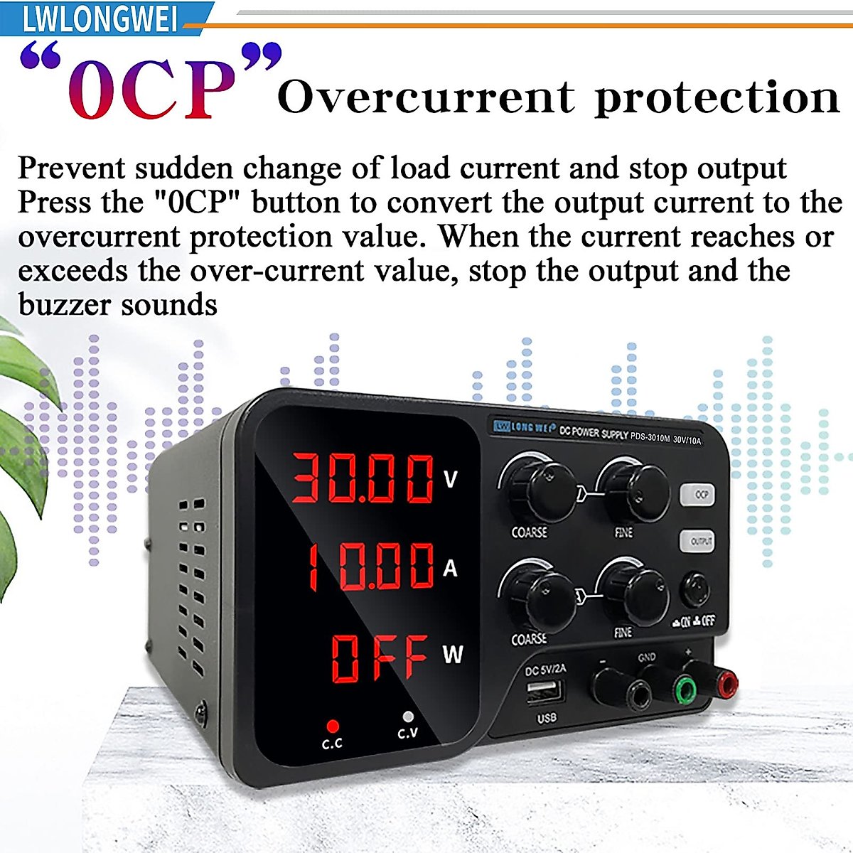 LWLONGWEI DC Power Supply Variable,30V 10A Adjustable Switching Regulated DC Bench Power Supply with 4-Digits LED Power Display 5V/2A USB Output, Coarse and Fine Adjustments Black