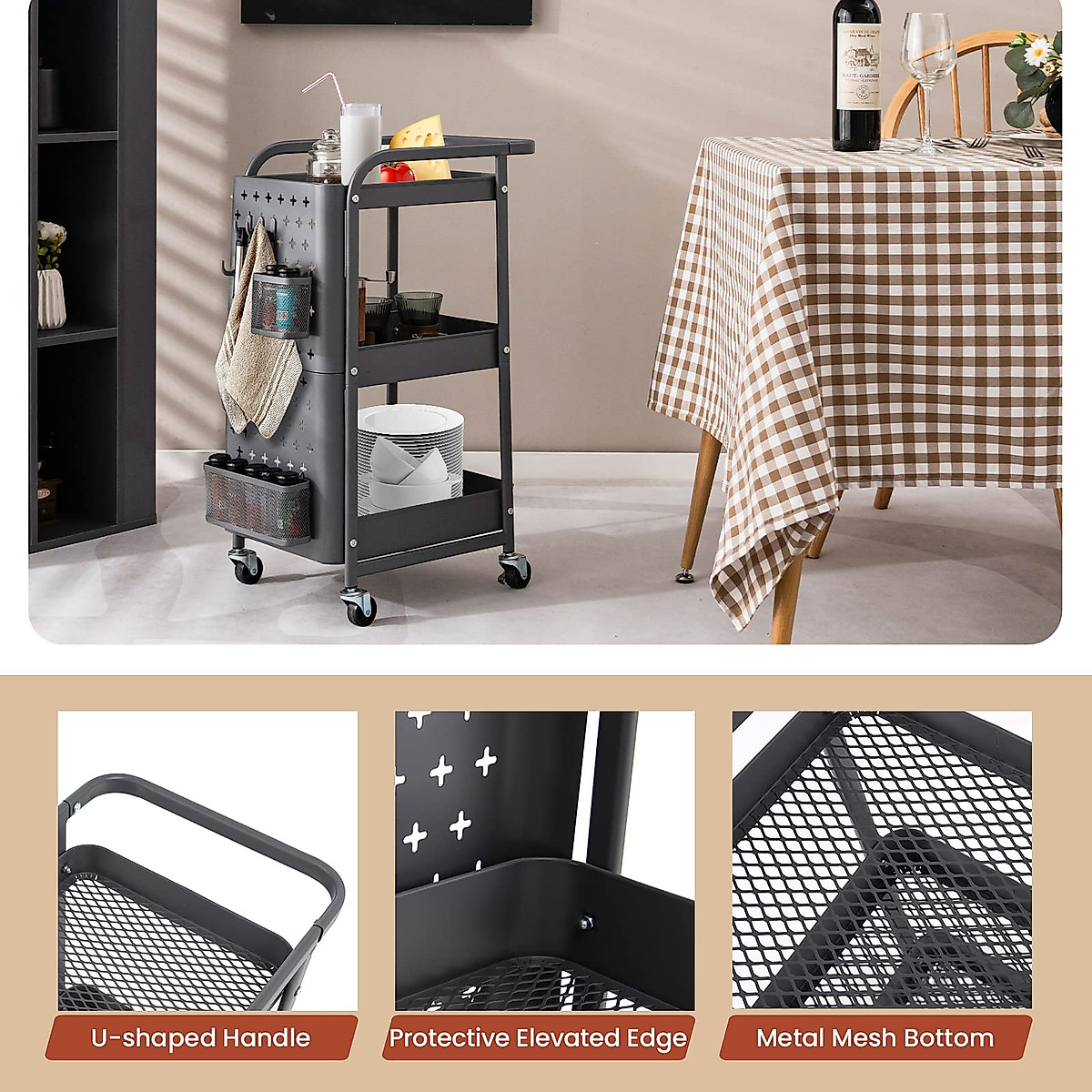 GOFLAME 3-Tier Rolling Cart, Storage Organizer Cart with DIY Dual Pegboards, 2 Baskets, 4 Removable Hooks, Mobile Metal Utility Cart on Wheels, Trolley Service Cart for Kitchen, Office, Garage (Grey)