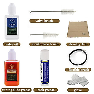 Trumpet/Cornet Cleaning and Maintenance Cleaner Care Kit with Valve Oil, Tuning Slide Grease, Flexible Brush, Valve Brush, Mouthpiece Brush, Cork Grease, Cleaning Cloth, and More in Khaki