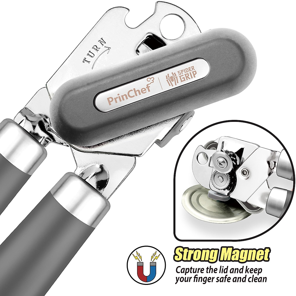 SPIDER GRIP Can Opener, No-Trouble-Lid-Lift Manual Handheld Can Opener with Magnet, Smooth Edge Safe Cut for Beer/Tin/Bottle, Big Turning Knob Anti-Slip Handle Good for Seniors with Arthritis