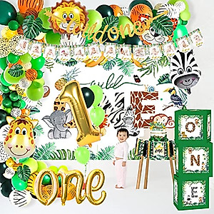 HIPEEWO Wild One Birthday Decorations - Jungle Theme Party Supplies for First Birthday, Balloons Garland Arch, High Chair Banner, Balloon Boxes, Backdrop, Crown, Animal Safari 1st Birthday Decorations