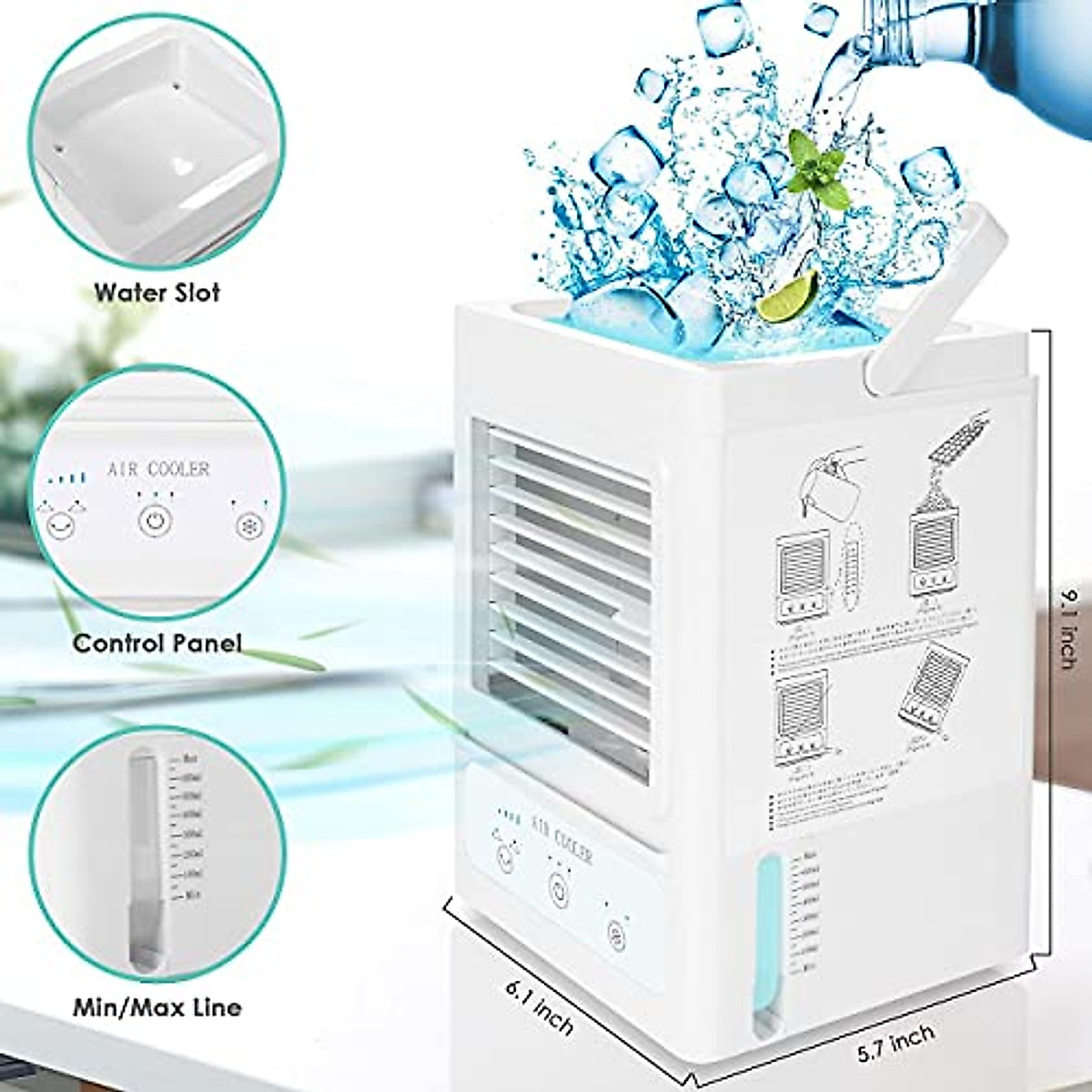 Portable Air Conditioner, 5000mAh Rechargeable Battery Operated 120°Auto Oscillation Personal Mini Air Cooler with 3 Wind Speeds, 3 Cooling Levels, Perfect for Office Desk, Dorm, Bedroom and Outdoors