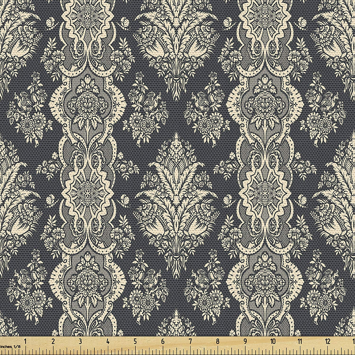 Ambesonne Damask Fabric by The Yard, Victorian Style Baroque Classic Pattern with Ornamental Floral Leaves Image, Decorative Fabric for Upholstery and Home Accents, Charcoal Grey Cream