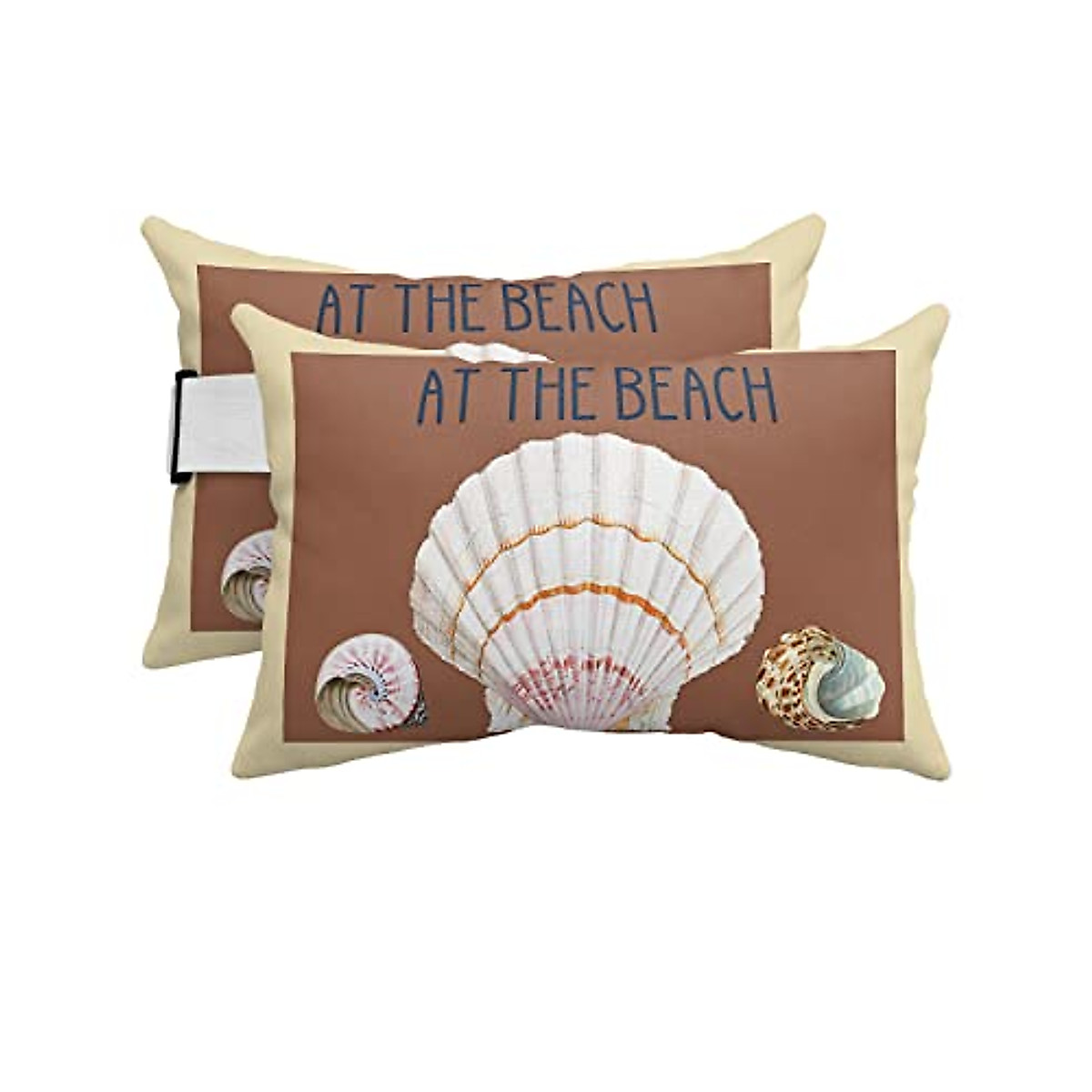 Recliner Head Pillow Ledge Loungers Chair Pillows with Insert AT THE BEACH Vintage Ocean Shell Lumbar Pillow with Adjustable Strap Outdoor Waterproof Patio Pillows for Beach Pool Chair, 2 PCS