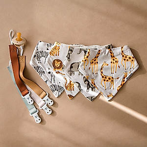 Stadela Baby 100% Cotton Bandana Drool Bibs for Drooling and Teething Nursery Burp Cloths 4 Pack Unisex Set for Girl and Boy – Safari Africa Jungle Animal Elephant Giraffe Lion Zebra