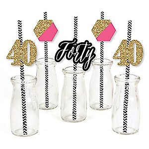 Chic 40th Birthday - Pink, Black and Gold Paper Straw Decor - Birthday Party Striped Decorative Straws - Set of 24