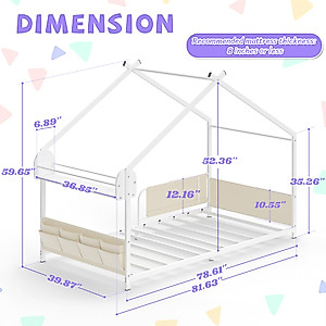 Timy House Bed Twin Size Montessori House Bed Metal Floor Bed with Storage Rack and Caddy Twin Bed Frame for Kids No Box Spring Needed White