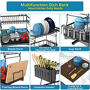Dish Drying Rack, Large 2 Tier Dish Drying Rack with Drainboard, Dish Racks for Kitchen Counter with Pot Rack Cutting Board Rack Cup Rack Utensils Holder, Dish Drainer with Extra Drying Mat Cup Brush