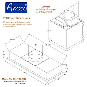 Awoco 14-1/2"D Super Quiet Split Insert Stainless Steel Range Hood, 4-Speed, 1000 CFM, LED Lights, Baffle Filters with 8" Blower (30"W M 8" Vent)