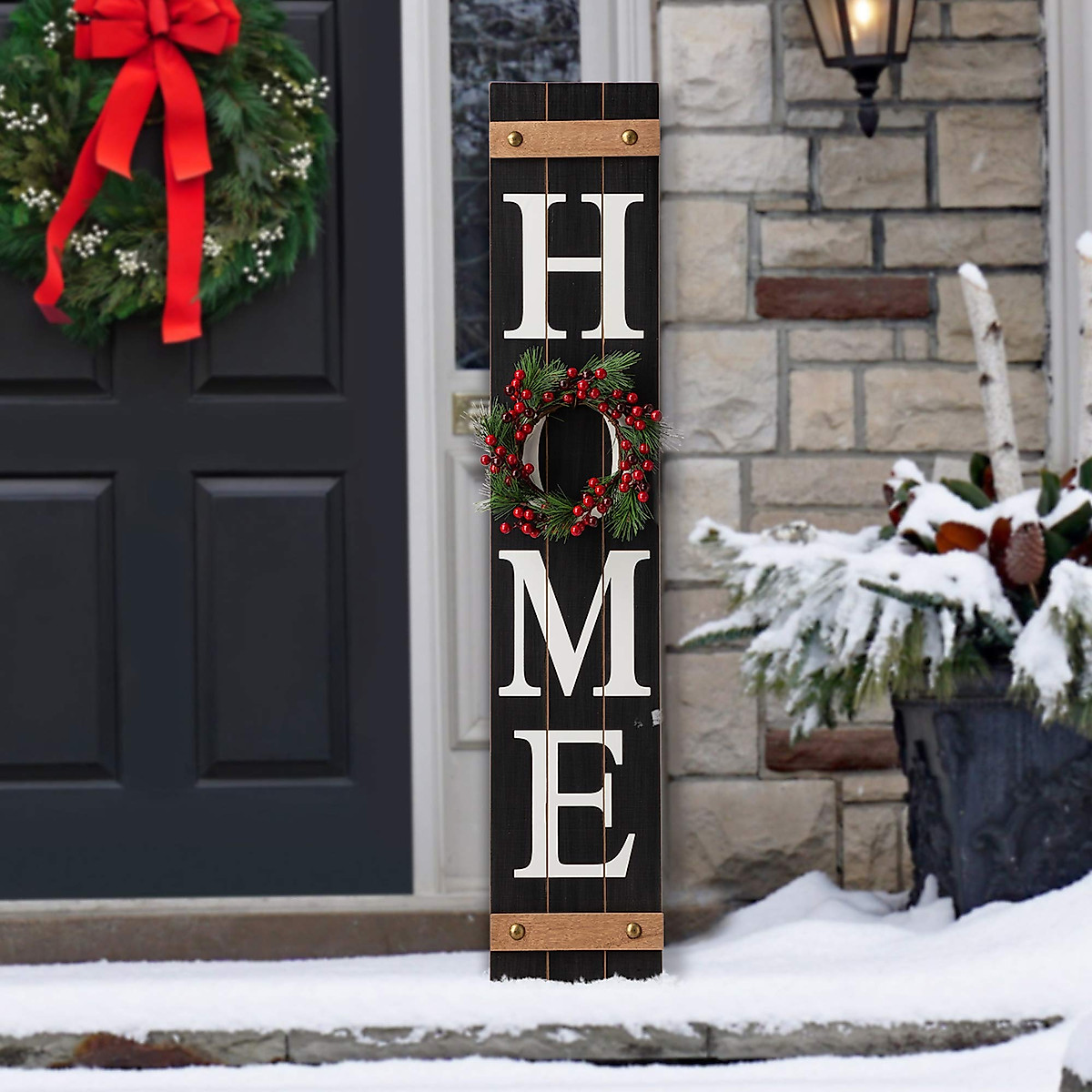 Glitzhome JKC01512B Wooden Welcome Sign for Porch Front Door Rustic Farmhouse Style Hanging Vertical Outdoor with Changeable Wreaths, 42"H, HOME