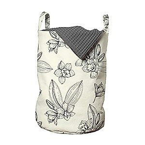 Ambesonne Floral Laundry Bag, Vintage Style Romantic Hand Drawn Like Botanical Elements Tropical Orchids, Hamper Basket with Handles Drawstring Closure for Laundromats, 13" x 19", Cream Charcoal Grey