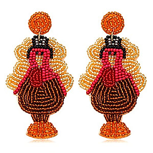 Thanksgiving Earrings Beaded Fall Earrings for Women, Handmade Pumpkin Turkey Maple Leaf Drop Dangle Earrings Thanksgiving Accessory Holiday Gifts (Turkey 2)