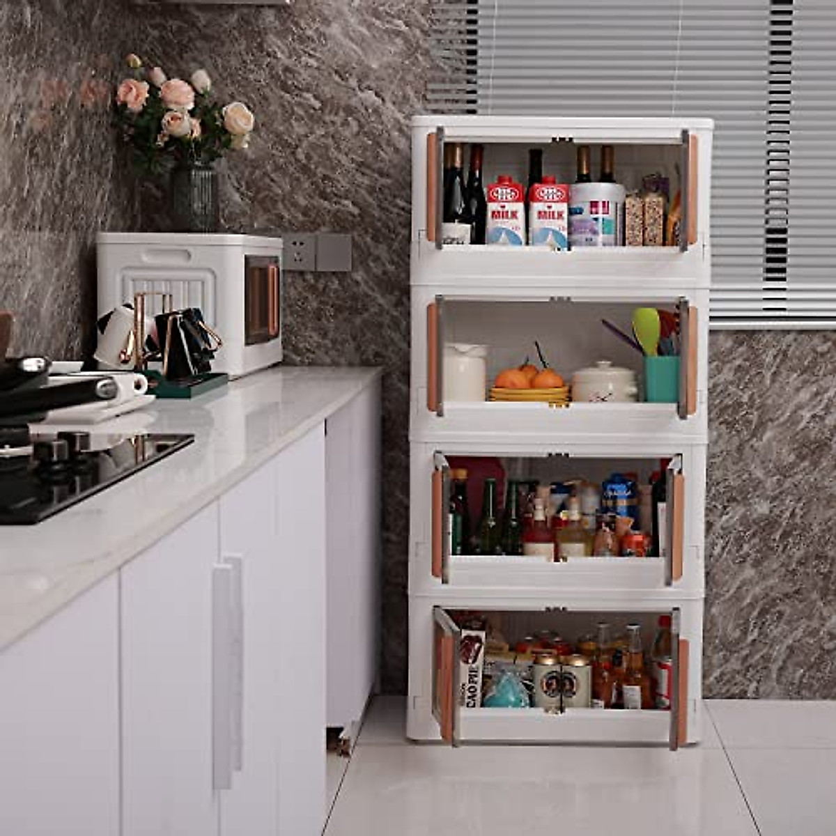 Storage Bins with Lids - 4 Packs Plastic Storage Bins, 22.8 Gal/Per Collapsible Storage Bins with Doors, Folding Storage Box, Stackable Storage Bins, Containers with Wheels for Home Kitchen