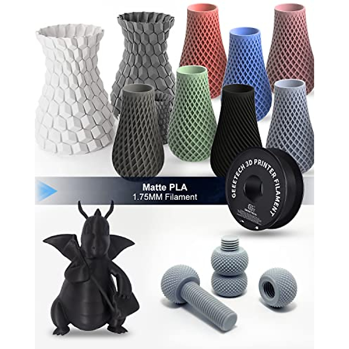 Geeetech Matte PLA Filament 1.75mm,3D Printer Consumables,Printing Materials Dimensional Accuracy +/- 0.03 mm,1kg Spool (2.2lbs),Fit Most FDM Printer,Matte Black