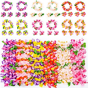 FUTUREPLUSX Hawaiian Leis, 48PCS Hawaiian Party Necklace Headbands and Wristbands for Hawaiian Luau Decoration Tropical themed Party